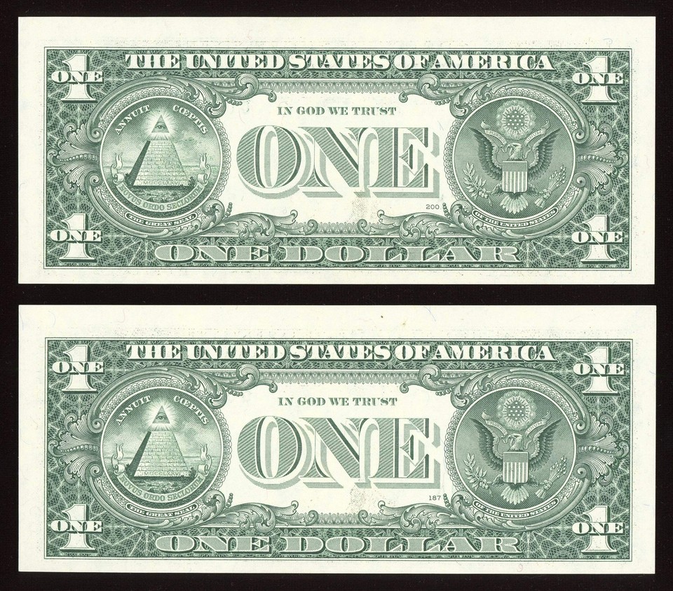 Beautiful Set of Two Consecutive Crisp Fancy Low Serial 1995 $1 Notes ...