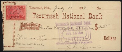 1899 R164 TECUMSEH National Mount Bank Check BATTLESHIP Revenue Stamp ...