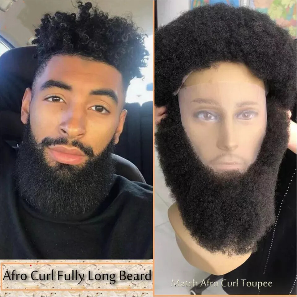Men's Fake Beard 100% Human Hair with Afro Curly Touppe Full Lace for ...