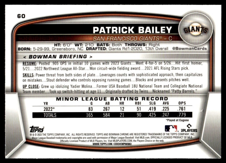 2023 Bowman Chrome Patrick Bailey Rookie G40 San Francisco Giants #60 ...