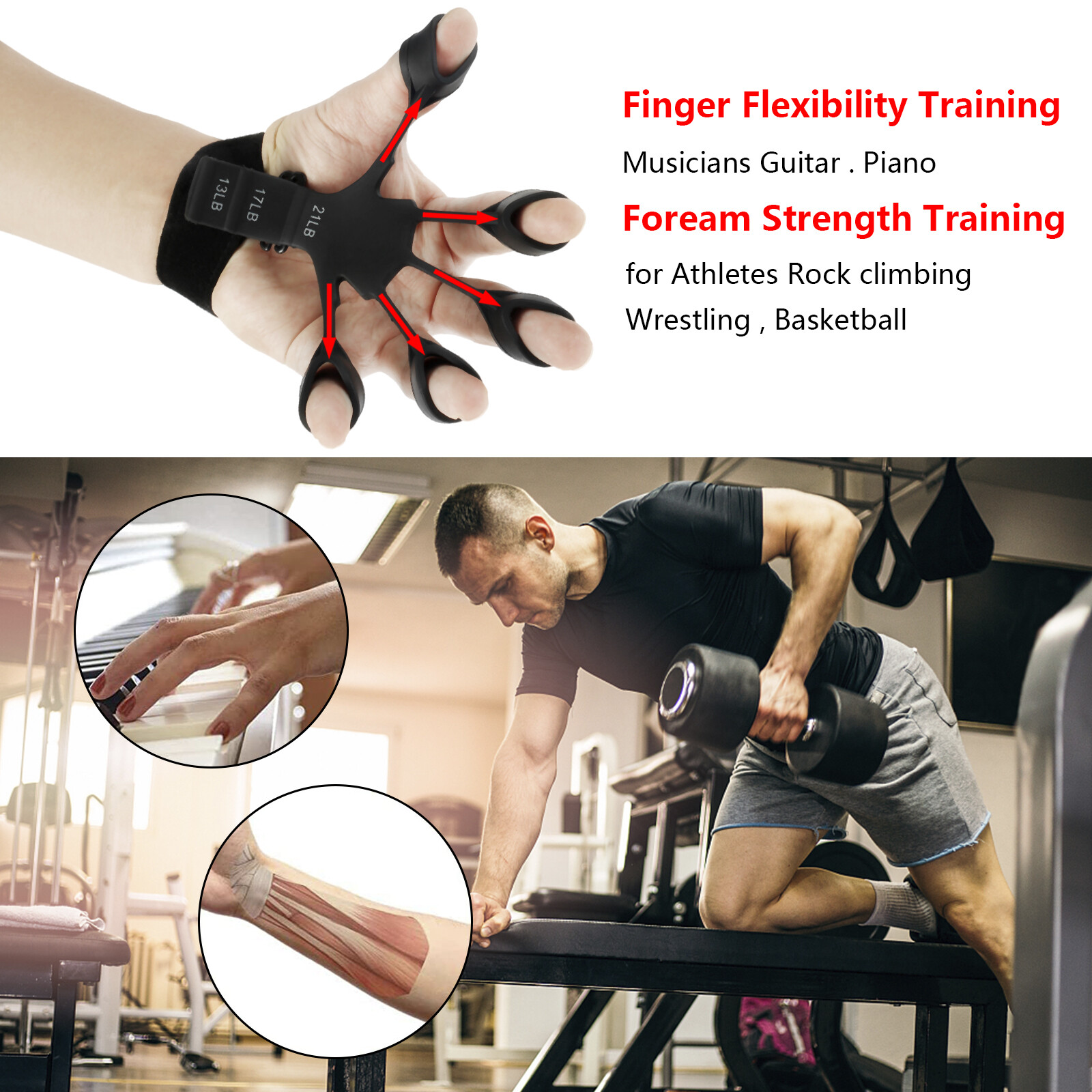 Finger Strengthener 6.6/8.8/11/13/17/21LB Silicone Finger Exerciser ...