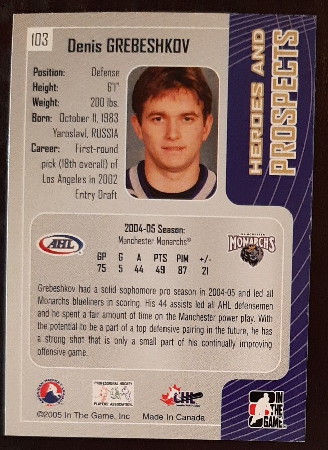 2005 ITG Denis Grebeshkov Heroes And Prospects /10 #103 Hockey Card | eBay