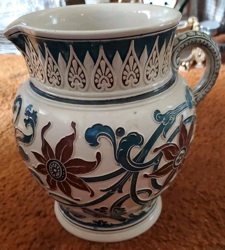 Marzi & Remy? German 10 In Pottery Pitcher Red Flower Green Leaves | eBay