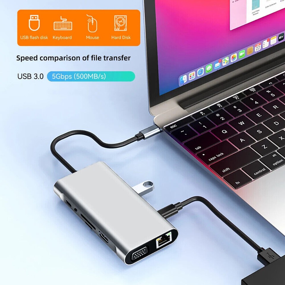 10 in 1 Multiport USB-C Type C Hub To USB 3.0 4K HDMI RJ45 SD TF Ports ...