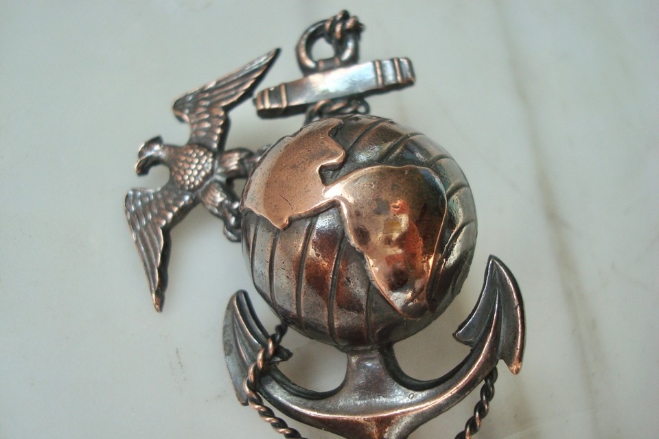 WWII Vtg STERLING Silver Gold Plate USMC Eagle Globe Anchor EGA Hat CAP ...