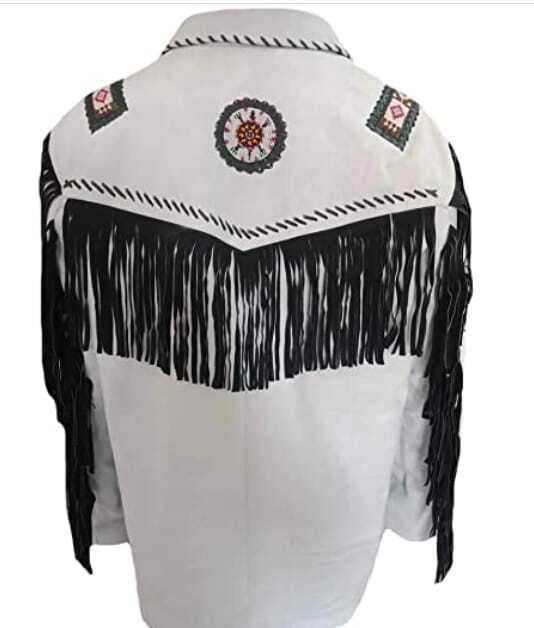 Men Western Cowboy Fringe Jacket Beaded Native American Real Leather ...