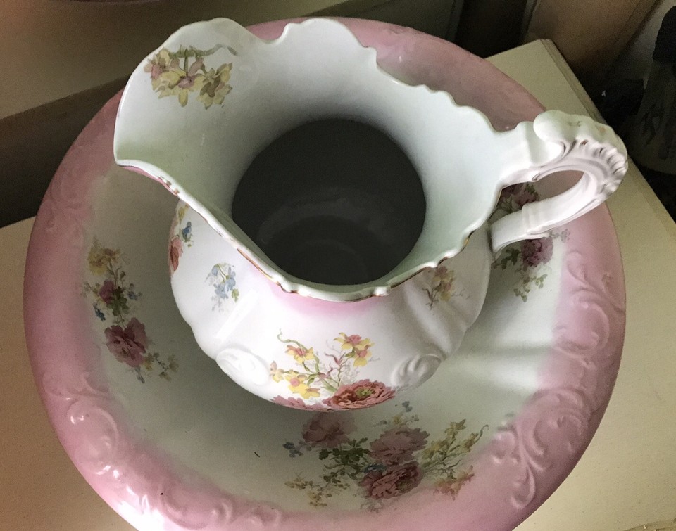 Antique Victorian Ceramic Bath Basin Bowl & Water Pitcher Set 2 Pcs ...