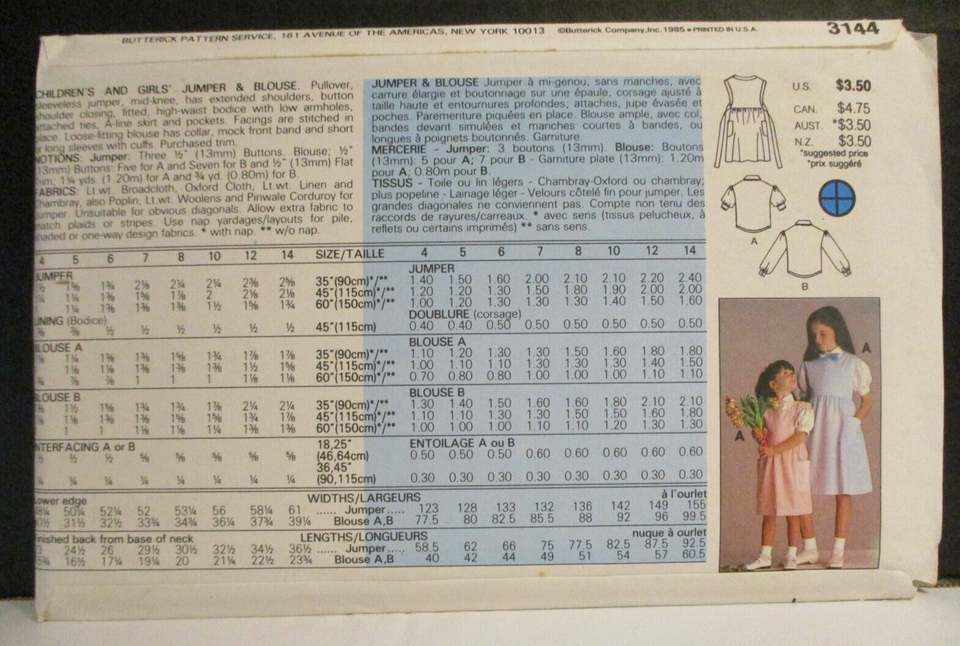 Butterick Pattern 3144 Girls Jumper & Blouse Size 4-5-6 UC L/S Sleeves ...