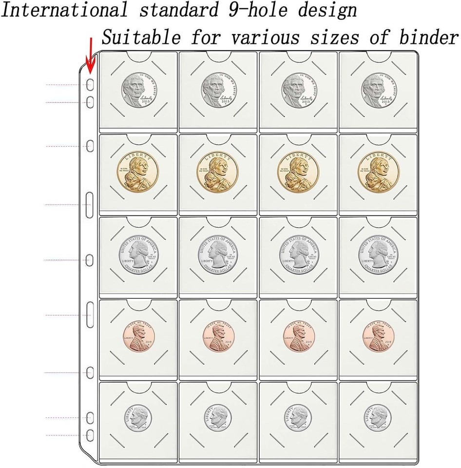15 Sheets Coin Pocket Pages 300 Slots for 2x2 Coin Flips 9-Hole Binder ...