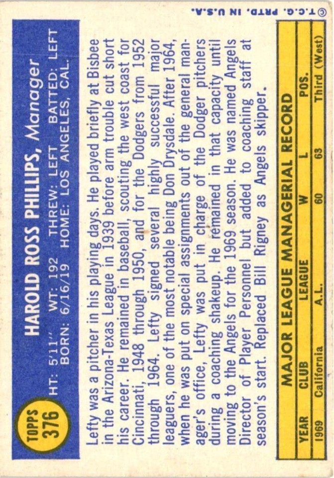 LEFTY PHILLIPS 1970 Topps #376 FREE SHIP 50% OFF B1001R4S27P22 | eBay