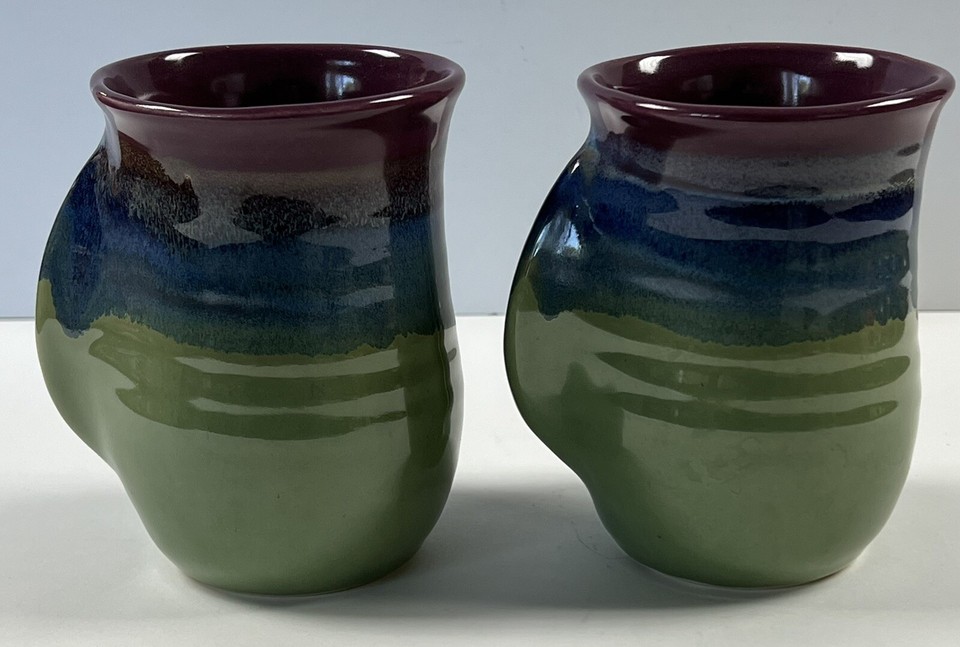 Lot of 2 Neher Pottery Hand Warmer Mugs Green Blue Purple Signed Dated ...