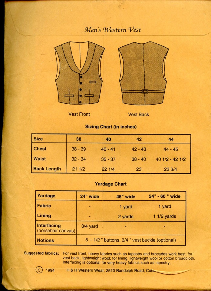 Tailor's Guide - Men's Western Vest Pattern 1860-1890 - Sizes 38-44 , 1994 - NEW | eBay