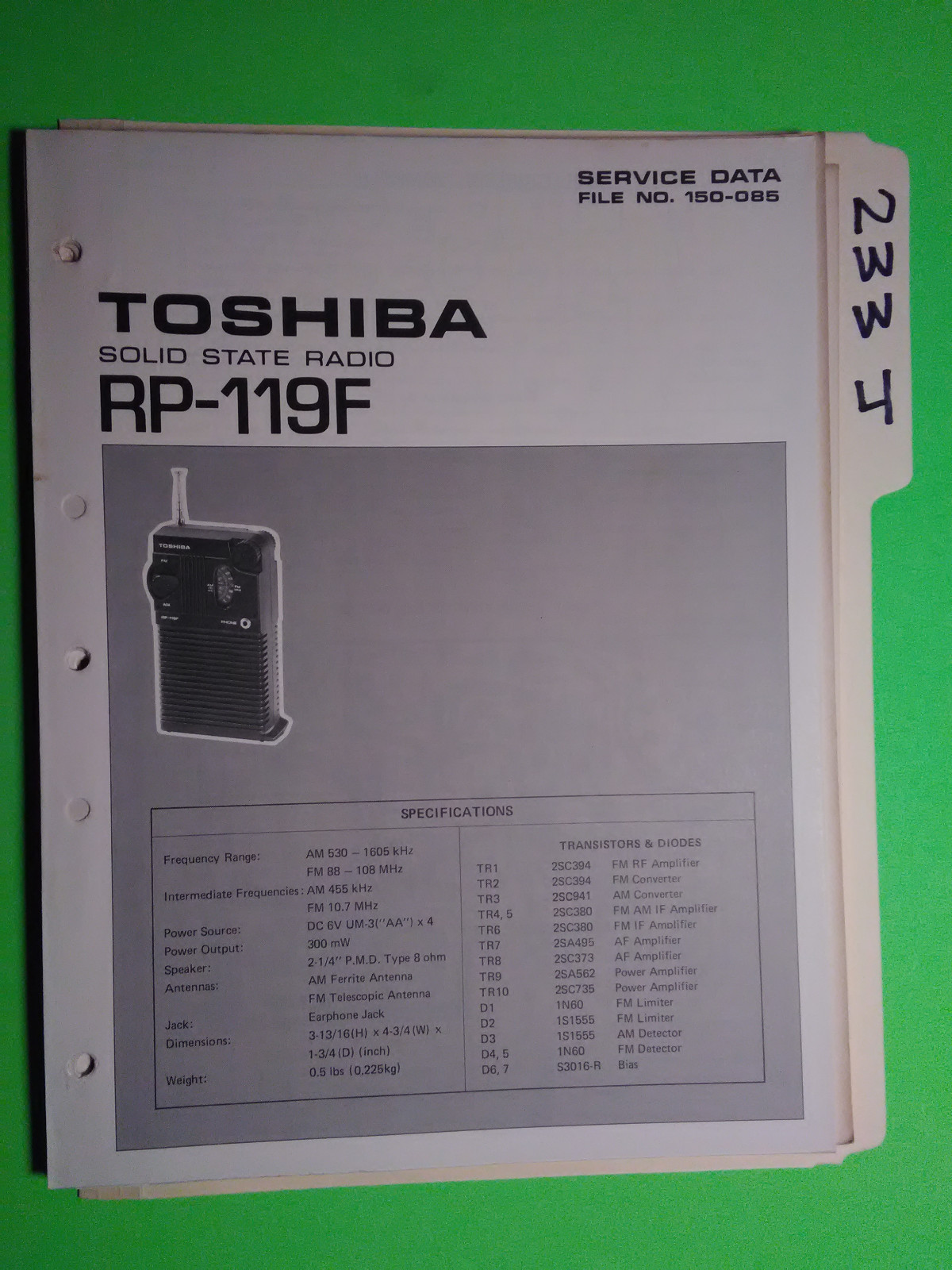Toshiba rp-119f service manual original repair book solid state radio ...