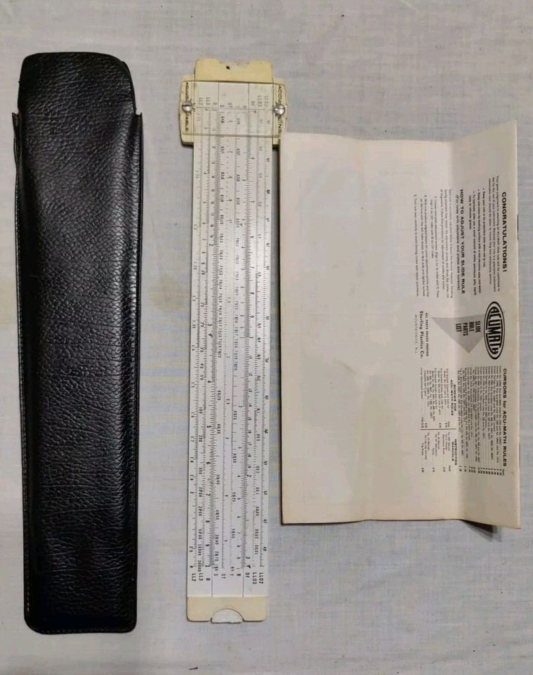 Acumath Engraved Slide Rule W/Instructions, Case Trig & Log Made In U.S ...