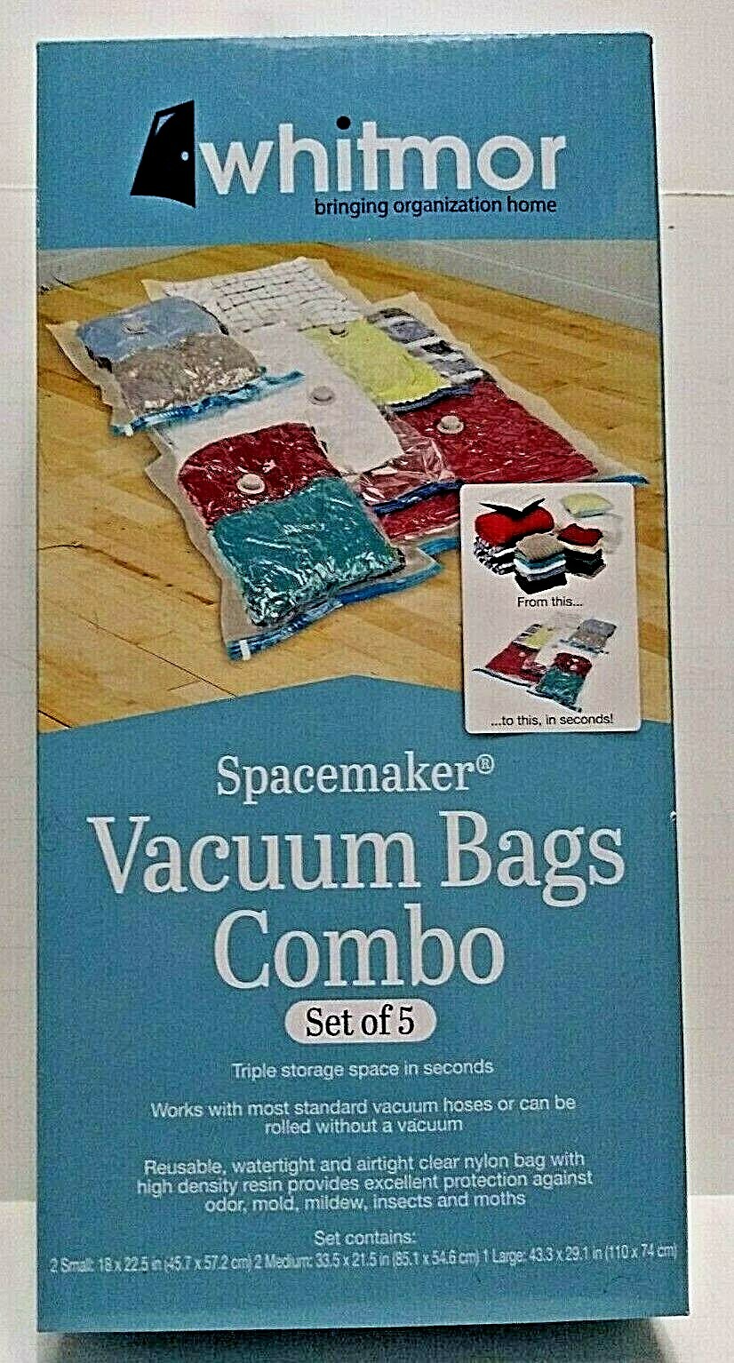 New Whitmor Spacemaker Vacuum Bags Combo Set of 5 Bags 1 Lg, 2 Med, 2 ...