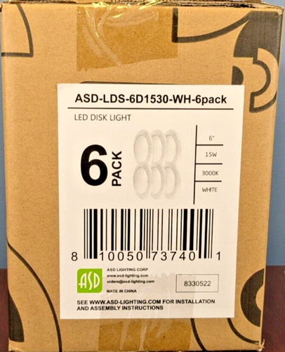 ASD 6" White LED Disk Light Flush Mount Ceiling 15W 3000K 6 Pack NIB ...