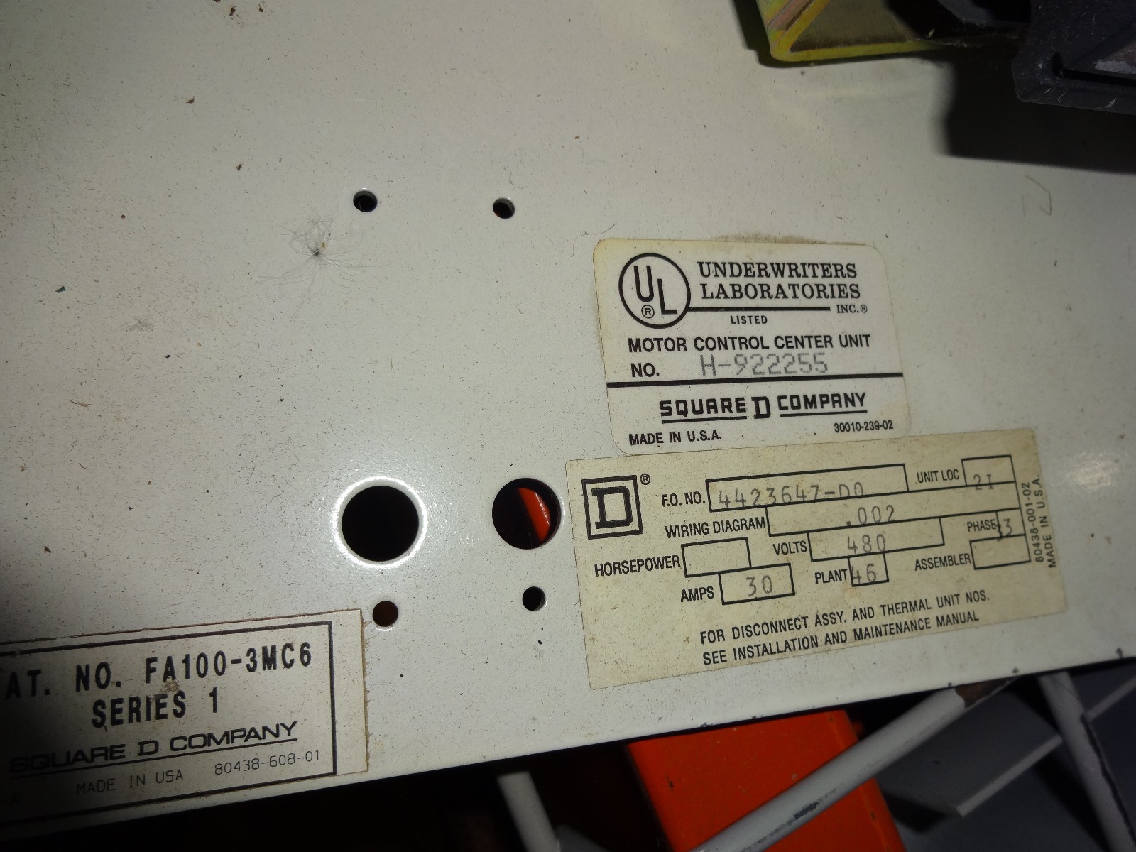 Square D 30 Amp 3 Pole Cicuit Breaker FCP34030 with FA100-3MC6 Mcc ...