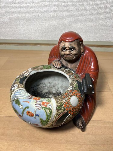 DARUMA MONK Pottery Statue 7 inch CENSER KORO Japanese Antique Incense ...