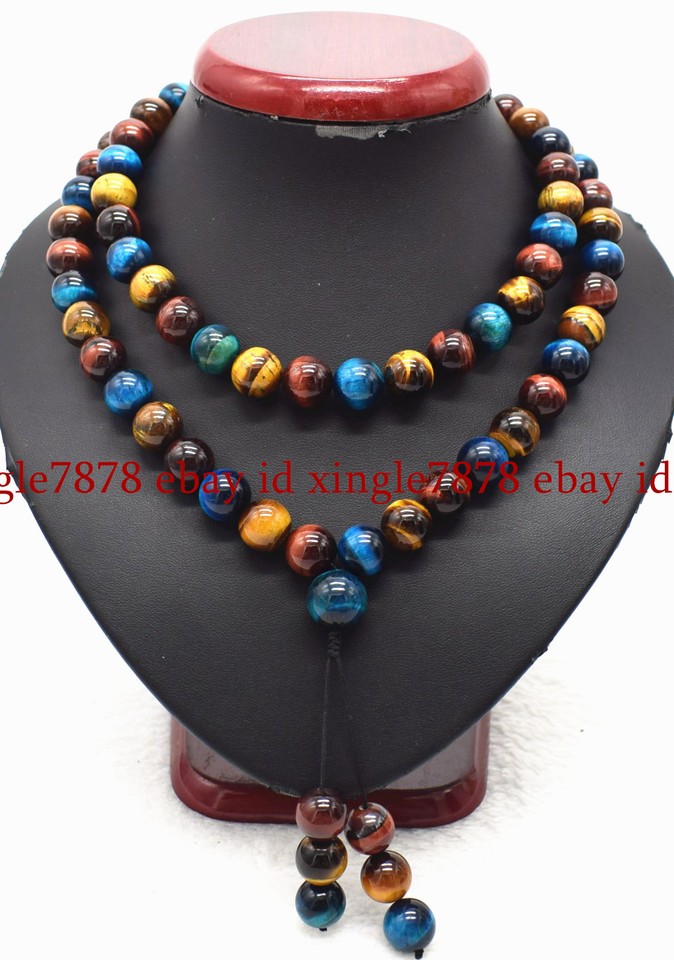 Natural Round Colorful Tigers Eye Tibet Buddhist 108 Prayer Chain Beads ...
