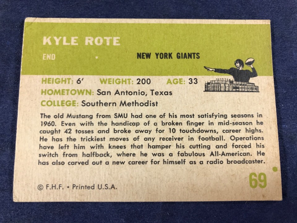 V3-36 FOOTBALL CARD - KYLE ROTE NEW YORK GIANTS - 1961 FLEER - CARD #69 ...
