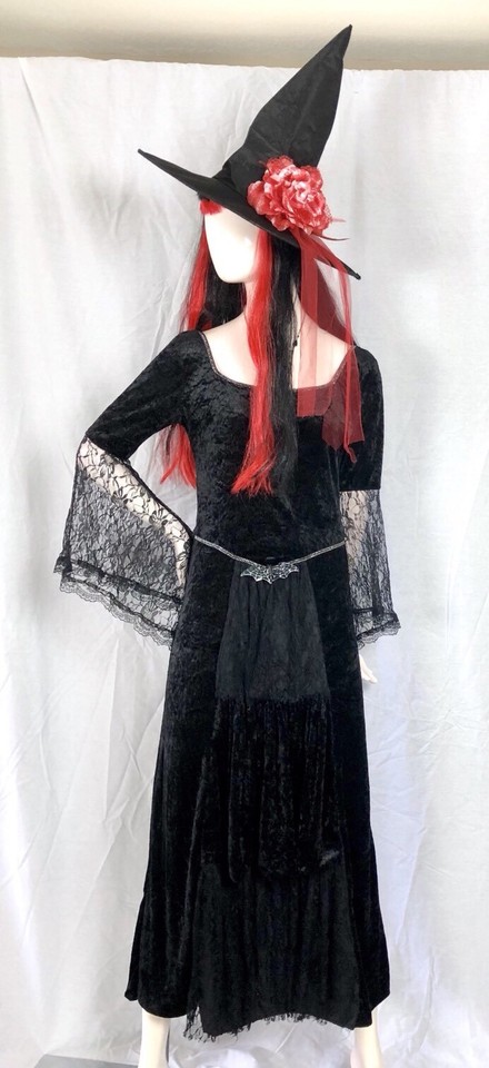 6 PC Gothic WITCH Vampire COSTUME Set Velvet Lace Dress BLACK Red VAMP ...
