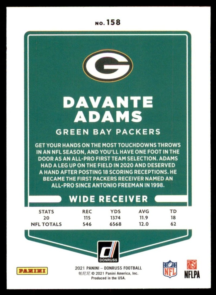 Davante Adams 2021 Donruss No Helmet Mask Image Variation Card #158 ...