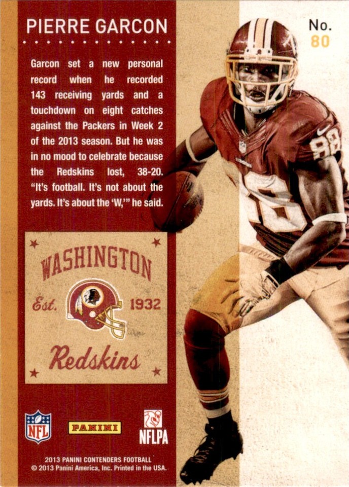 2013 Panini Contenders Pierre Garcon Washington Redskins #80 NFL ...