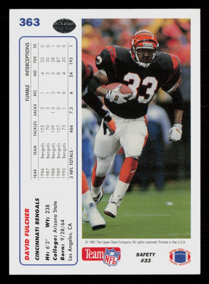 1991 Upper Deck #363 David Fulcher Cincinnati Bengals Football Card | eBay