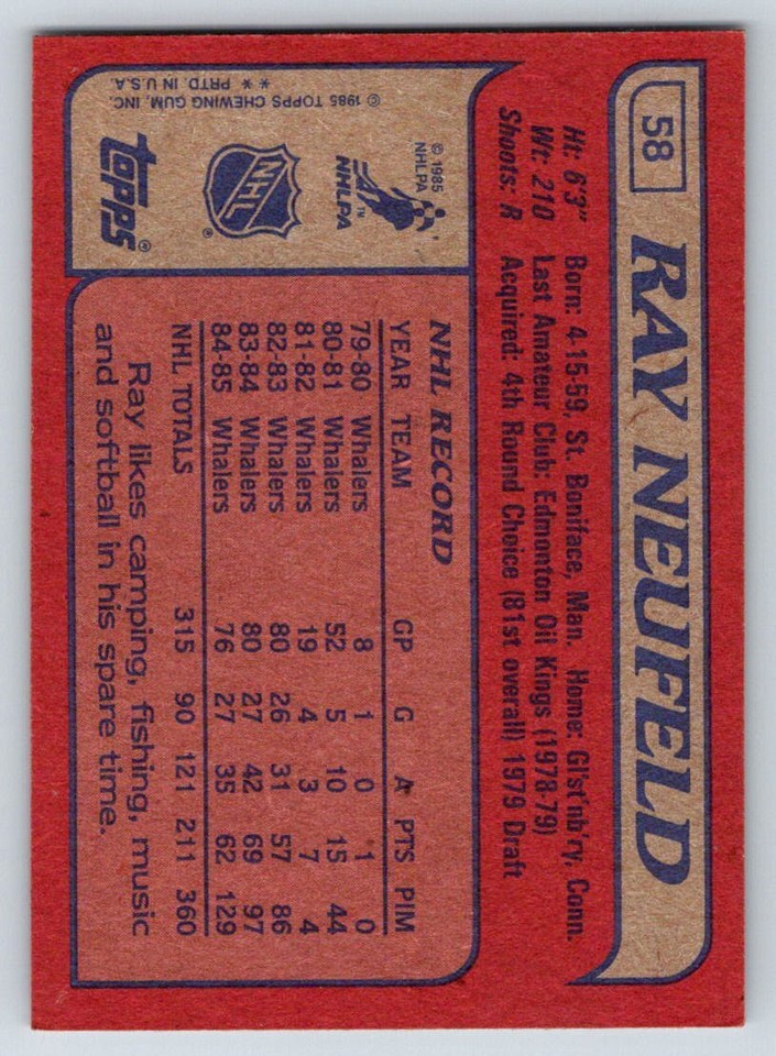 1985 Ray Neufeld 1985-86 Topps #58 | eBay