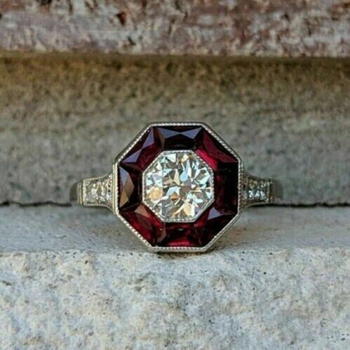 Art Deco Lab-Created Diamond & Garnet Hexagonal Frame 14K White Gold ...