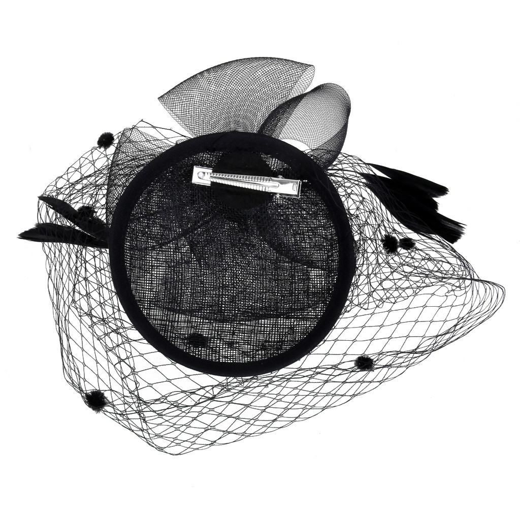 Ladies' Hair Clip Feather Fascinator Hat with Fish Net Face Veil Black ...