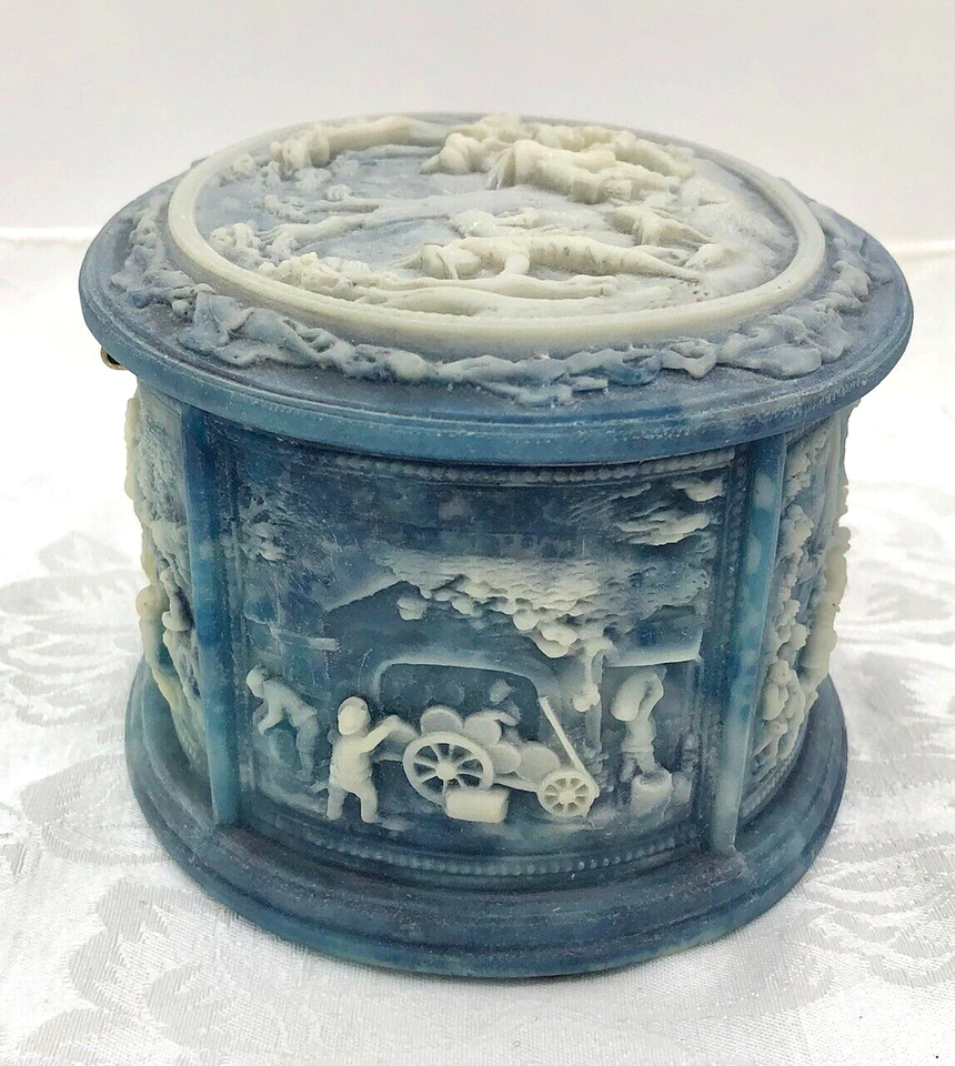 Vintage Incolay Blue La Vie Village Trinket Jewelry Box with Label ...