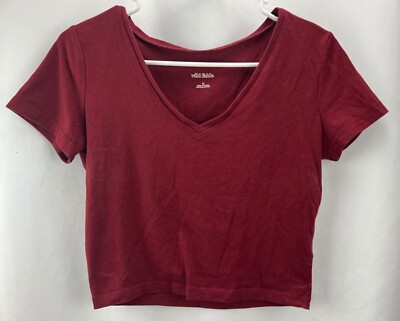 CROP TOP V-NECK SHORT SLEEVE T-Shirt in Maroon Wild Fable Women's ...