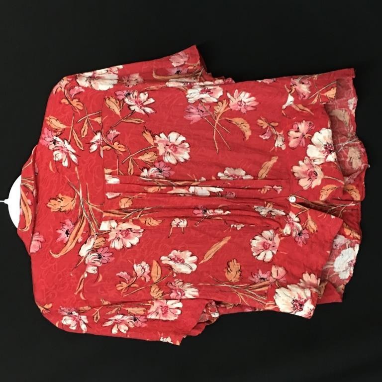 Women's 2X shirt top red floral print collared button down short sleeve ...