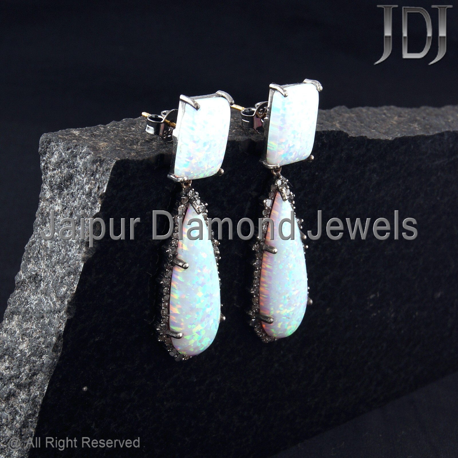 Boucle Goutte Naturel Diamant 925 Argent Sterling Opale Gemme Victorien ...