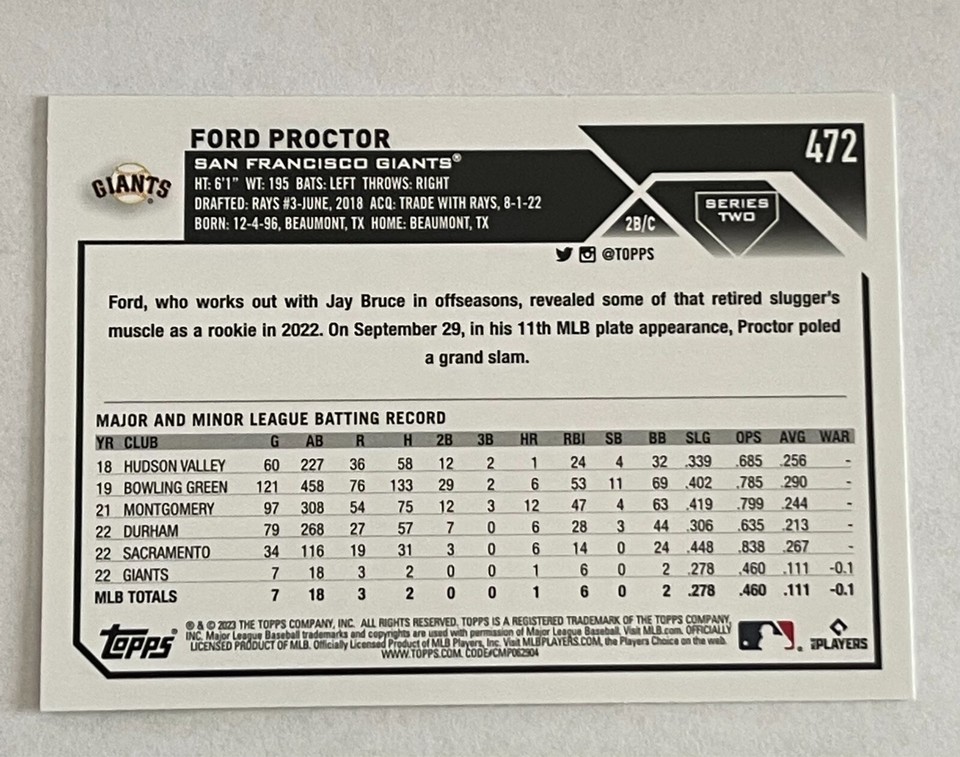 2023 TOPPS FORD PROCTOR #472 ROOKIE 2B SAN FRANCISCO GIANTS BASEBALL ...