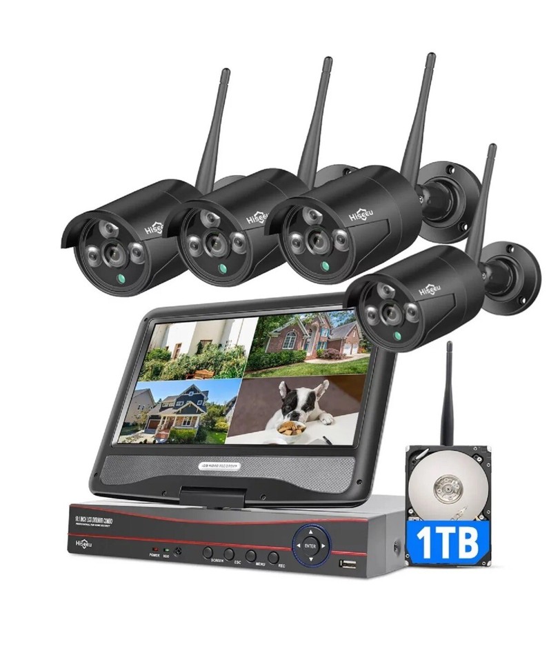 WIRELESS SURVEILANCE Security Camera System with 10.1'' Monitor, 1TB ...