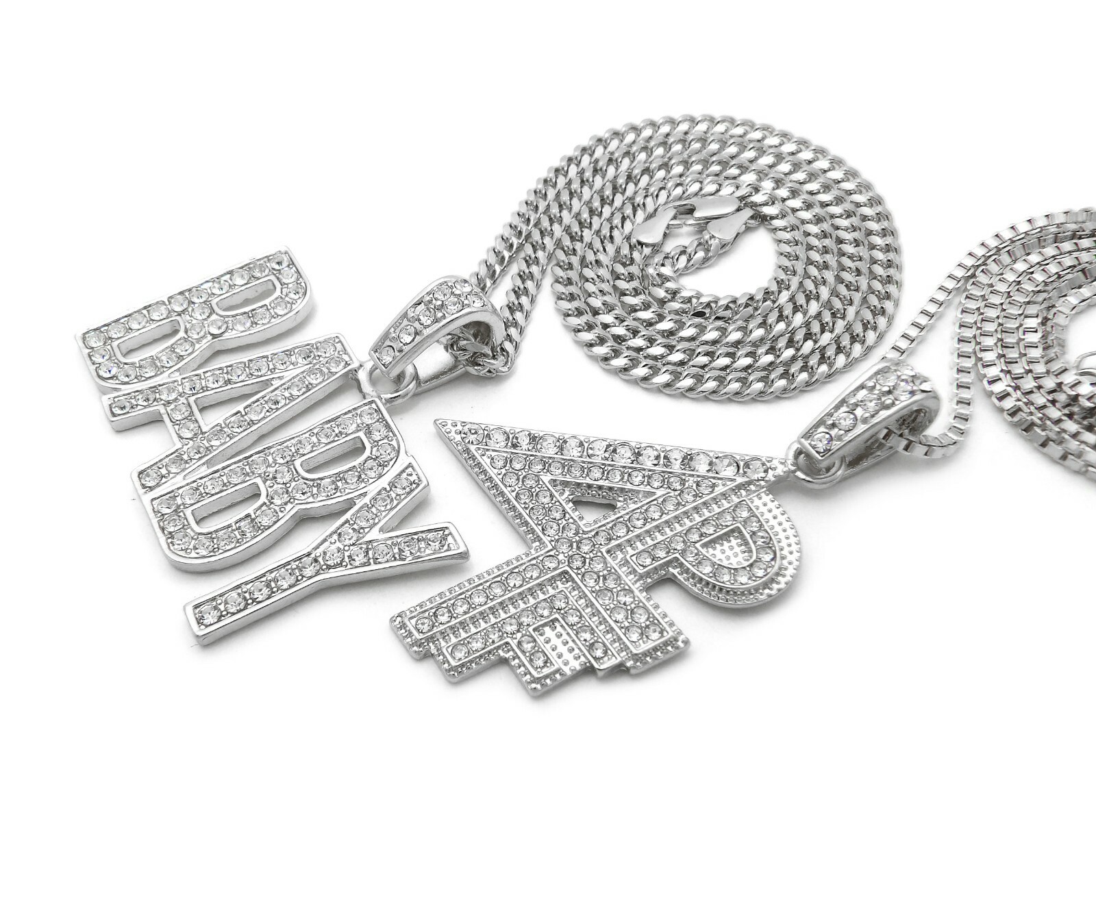 Iced Silver PT Lil BABY 4PF Pendant & 20" 24" Box Cuban Chain Hip Hop ...