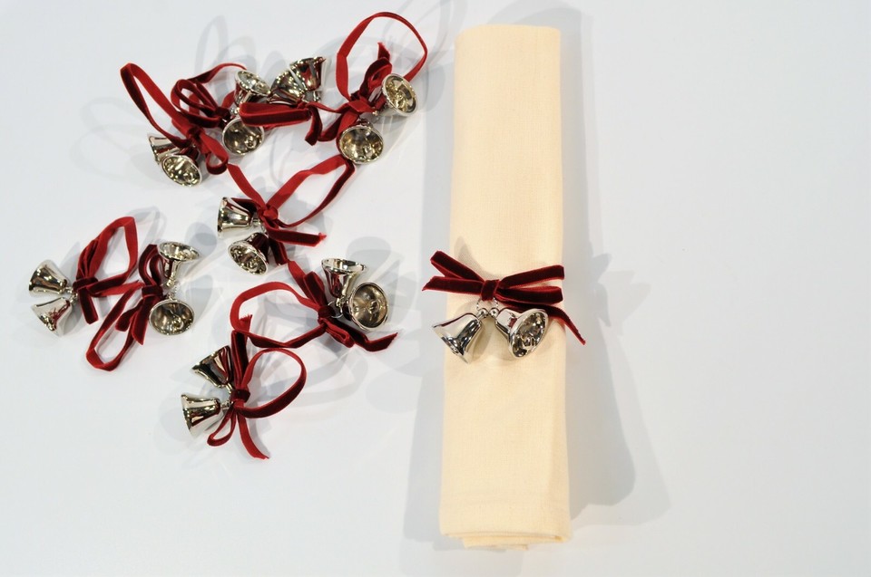 10 P.C. Pottery Barn Silver Bells & Red Velvet Napkin Rings | eBay