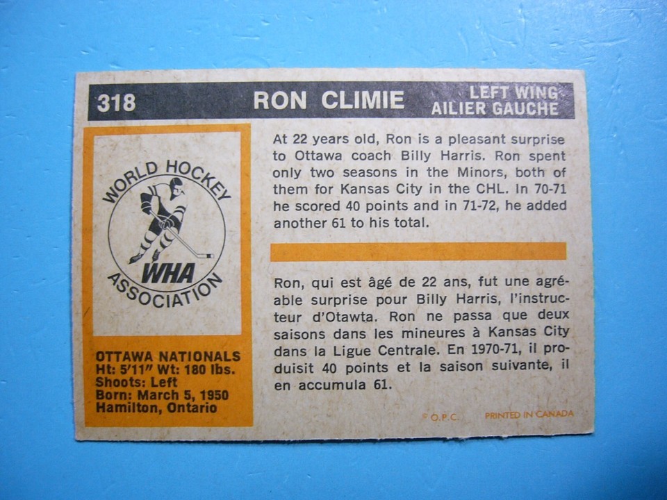 1972/73 O-PEE-CHEE WHA HOCKEY CARD #318 RON CLIMIE ROOKIE EXNM SHARP ...