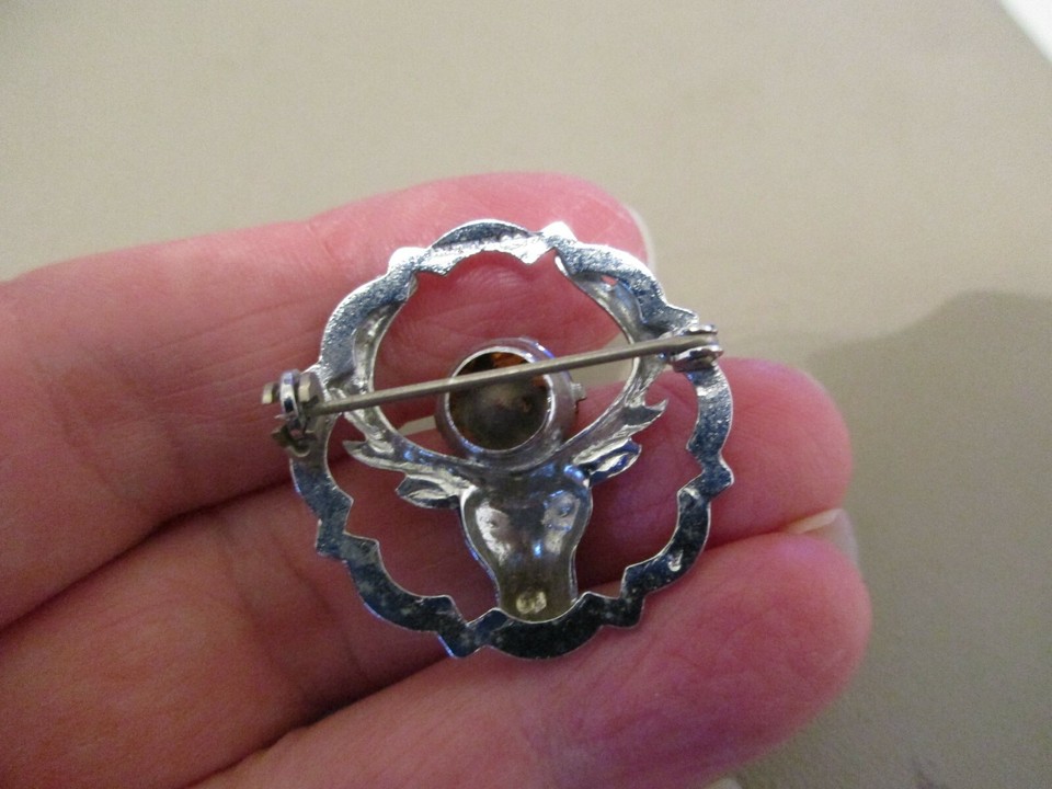 VINTAGE SILVER TONE SIGNED MIZPAH SCOTTISH STAG DEER BROOCH CITRINE ...