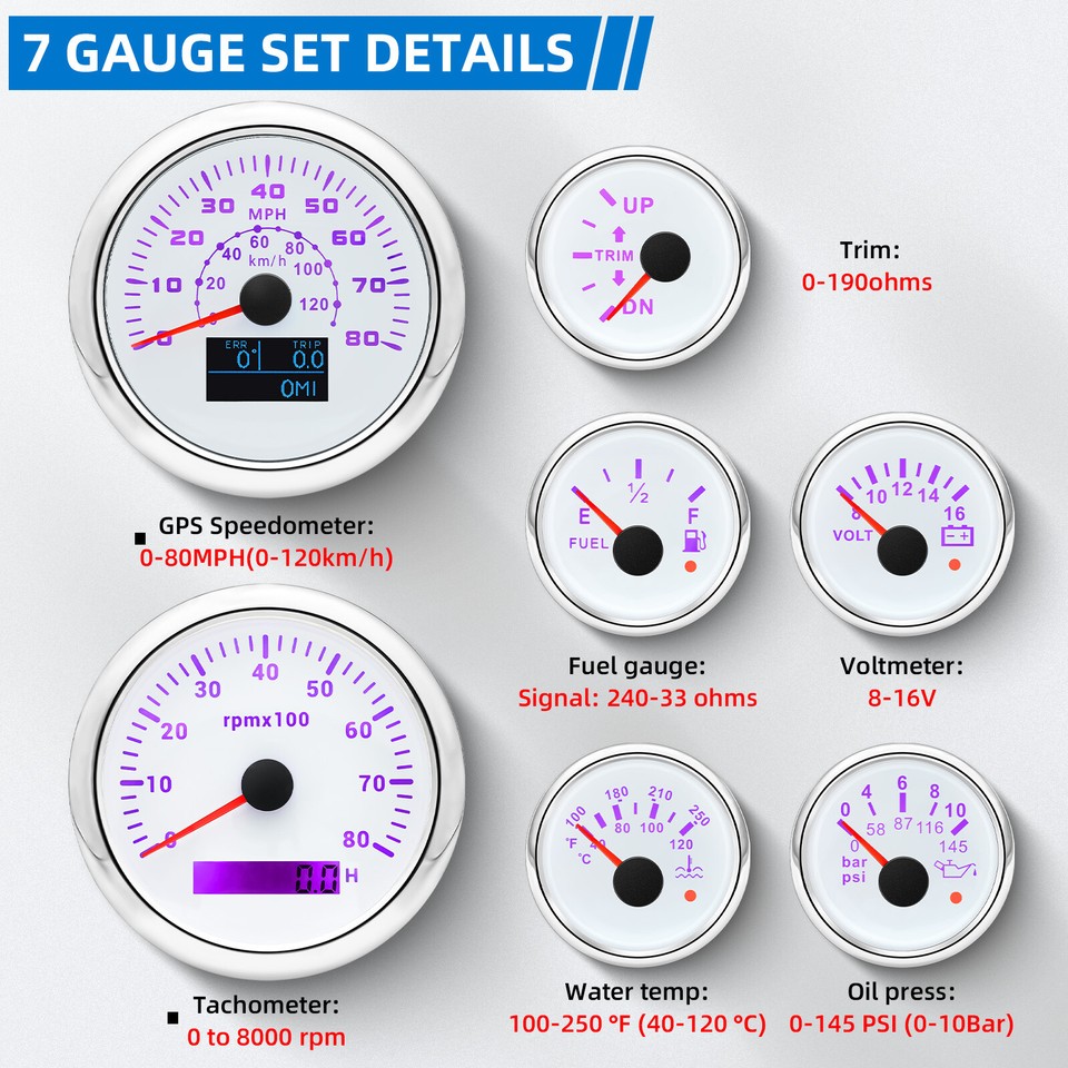 7 Gauge Set 85mm Boat GPS Speedometer 80MPH 120km/h Tachometer 8000RPM ...