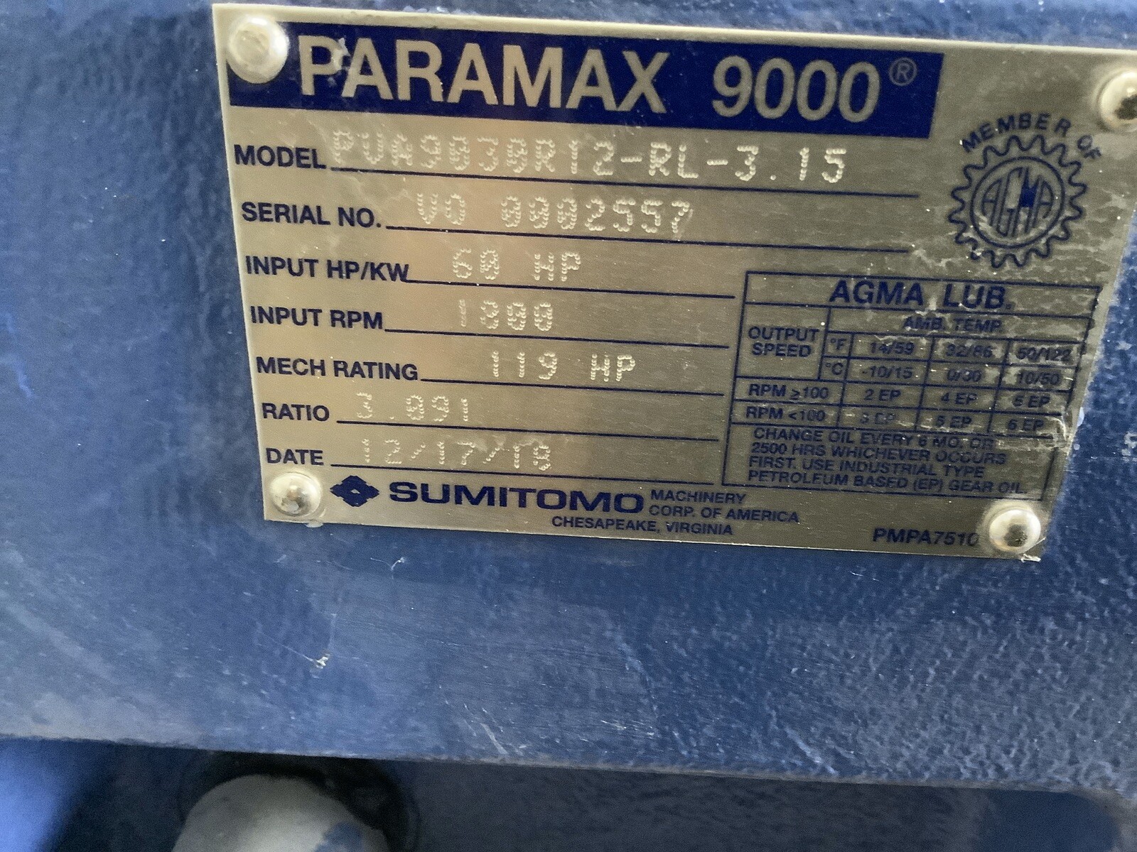 Sumitomo Paramax 9000 60 HP Gear Box, 1800. RPM, Ratio 3.091 | eBay