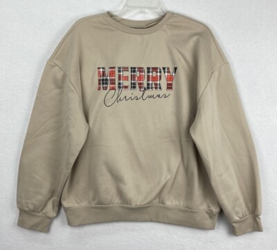 Shein Merry Christmas Sweatshirt Women XL Tan Tartan Spellout NWOT | eBay