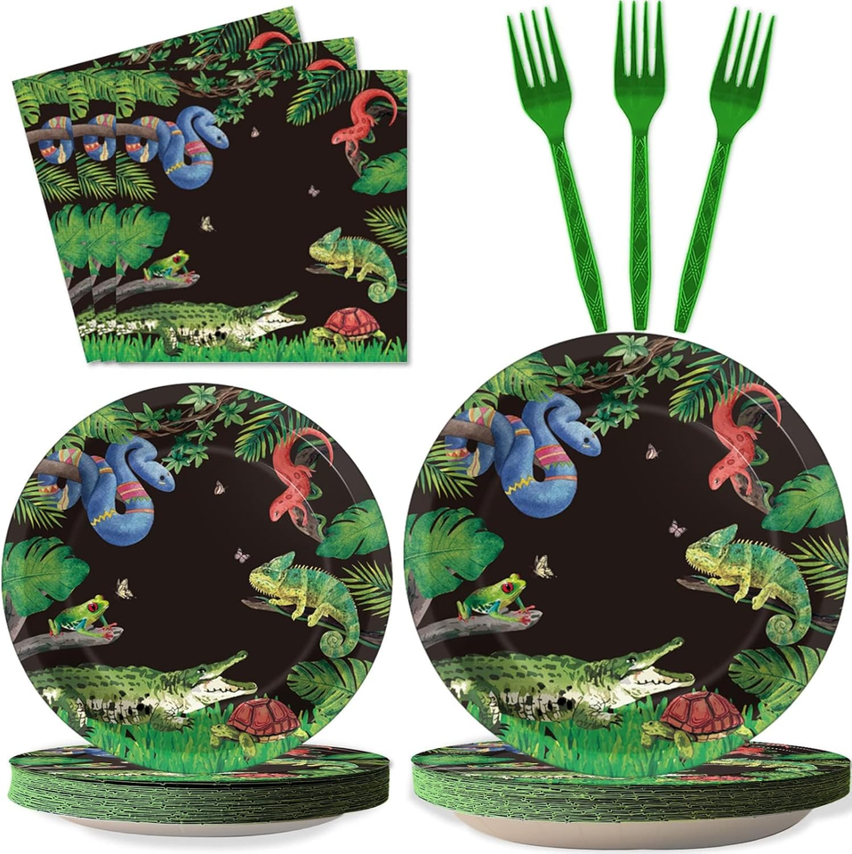 96 Pcs Reptile Snake Party Plates Napkins Tableware Set Lizard Birthday ...