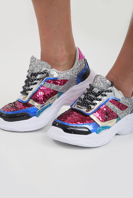WOMENS MIX SEQUIN SPARKLY TRAINERS LACE UP FASHION SPORTS SNEAKERS ...