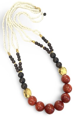 Lia Sophia Tangier Matte Gold Red Sponge Coral Wood Chunky Beaded Long ...