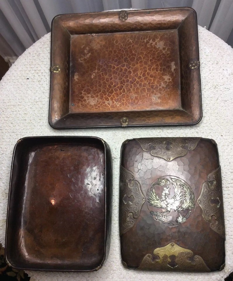 ANTIQUE JAPANESE HAMMERED COPPER BOX & TRAY WITH PHOENIX SIGNED | eBay