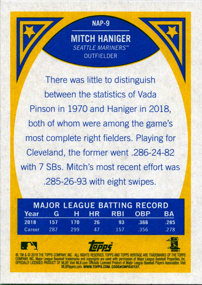 2019 Topps Heritage New Age Performers #NAP9 Mitch Haniger Seattle ...