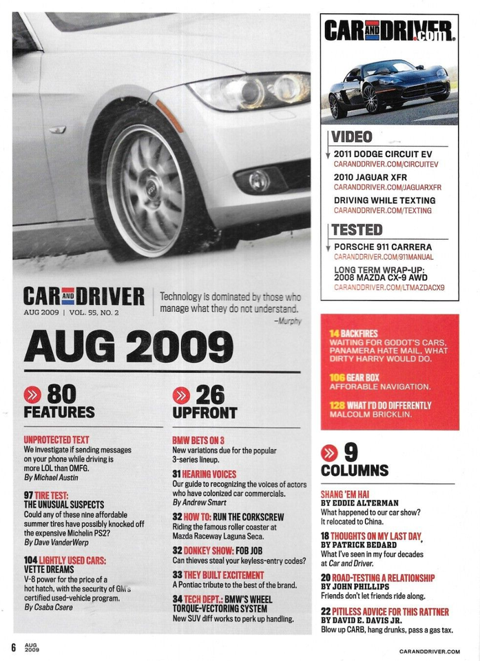 Car and Driver Magazine Dodge Circuit Chevy Volt Fisker Karma Jaguar ...